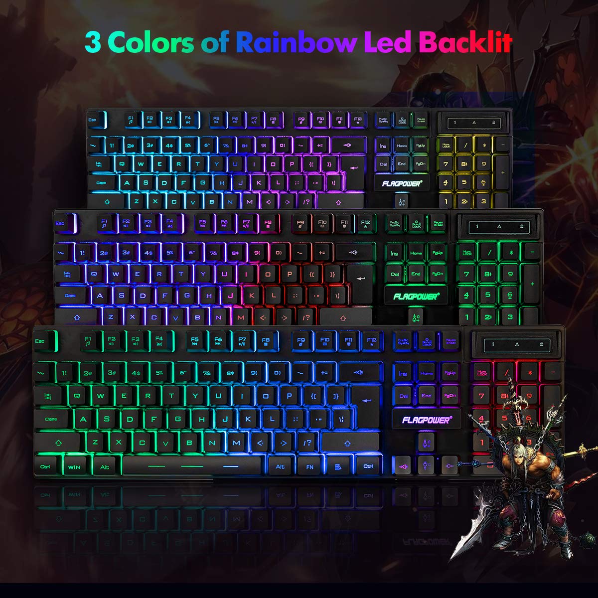 FLAGPOWER Gaming Keyboard and Mouse Combo, Rainbow Backlit Mechanical Feeling Keyboard with 4 Colors Breathing LED Backlight Mouse for PC Laptop Computer Game and Work
