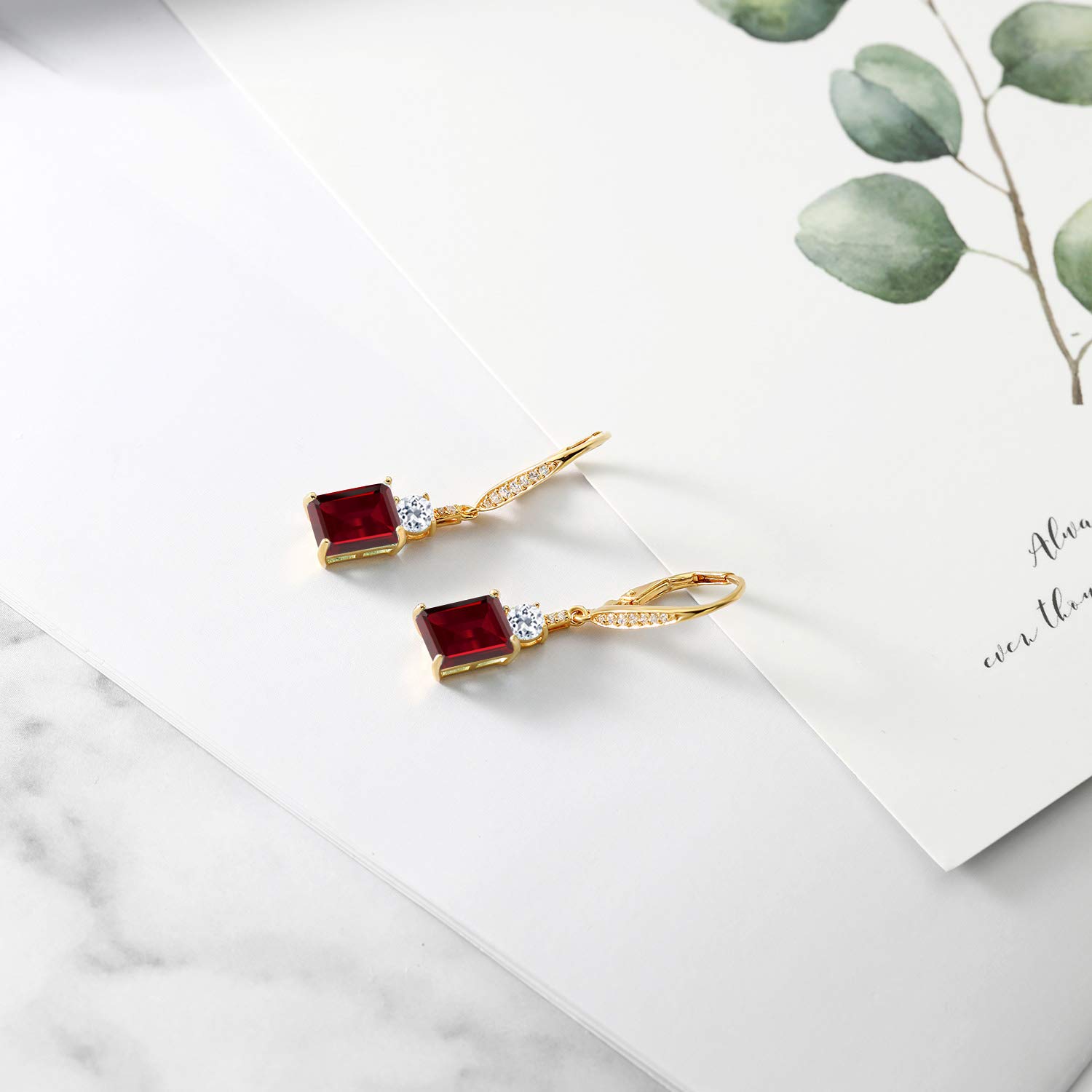 Gem Stone King 18K Yellow Gold Plated Silver Red Garnet and White Topaz Dangle Earrings For Women (5.88 Cttw, Gemstone January Birthstone, Octagon 9X7MM)