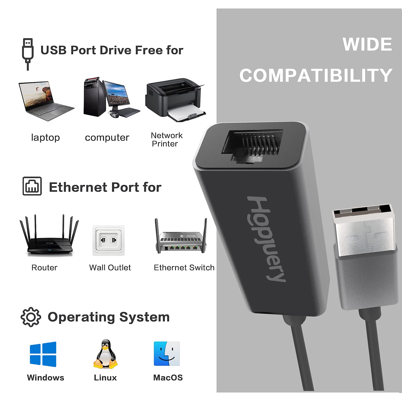 USB to Ethernet Adapter, Hopjuery Driver Free USB 2.0 to 10/100 Mbps Ethernet LAN Network Adapter, RJ45 Internet Adapter Compatible with MacBook, Surface,Notebook PC with Windows, XP, Vista, (twopack)