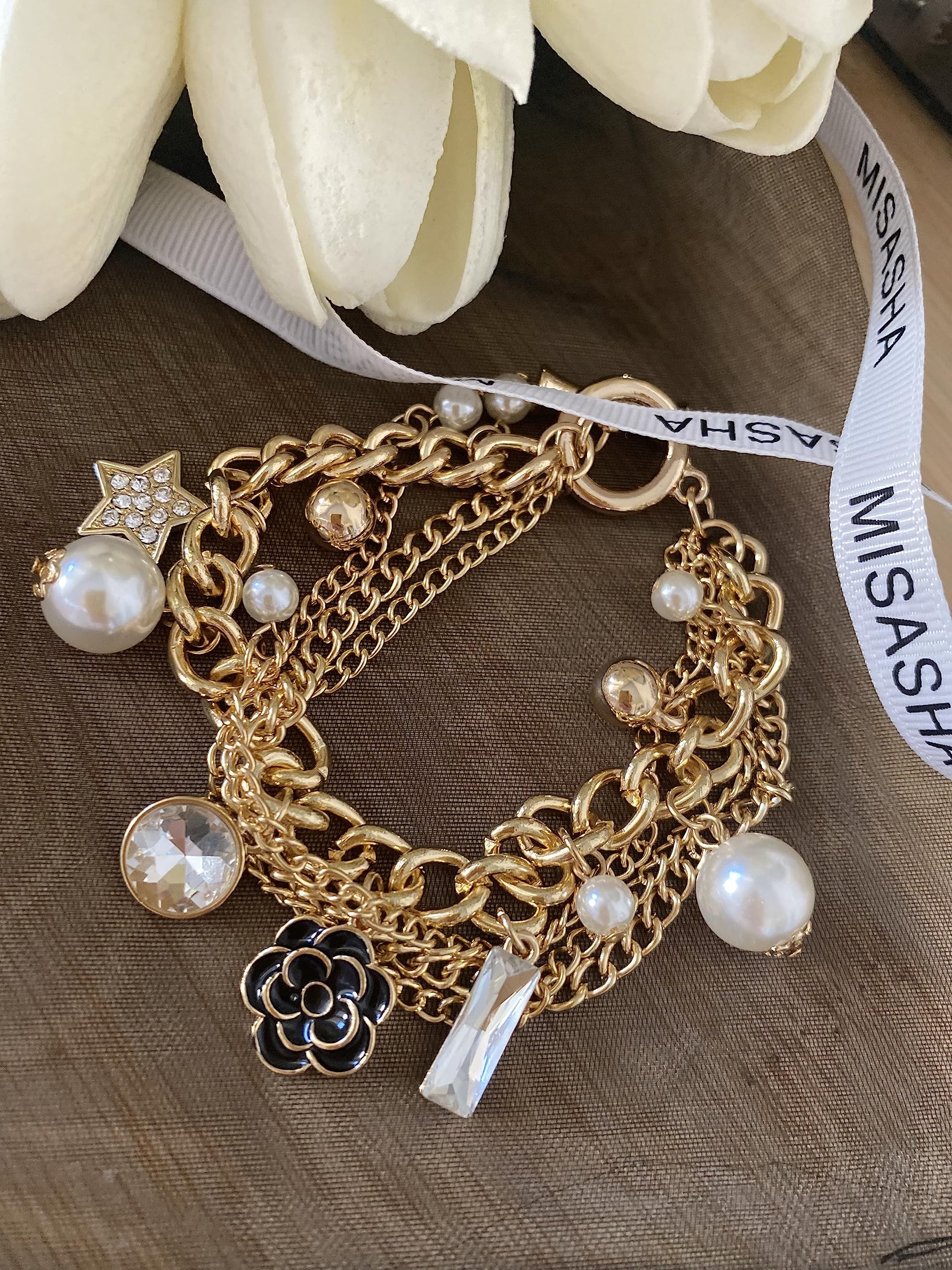 Fashion Jewelry designer inspired statement gold tone chain boho chic charm bracelet for women (Clover)