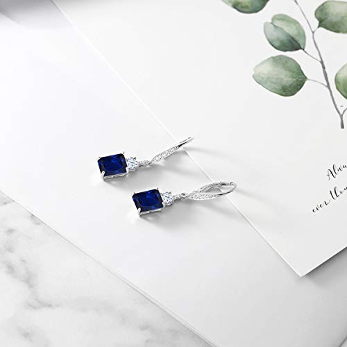 Gem Stone King 925 Sterling Silver Blue Created Sapphire Dangle Earrings For Women (5.40 Cttw, Gemstone September Birthstone, Octagon 9X7MM)