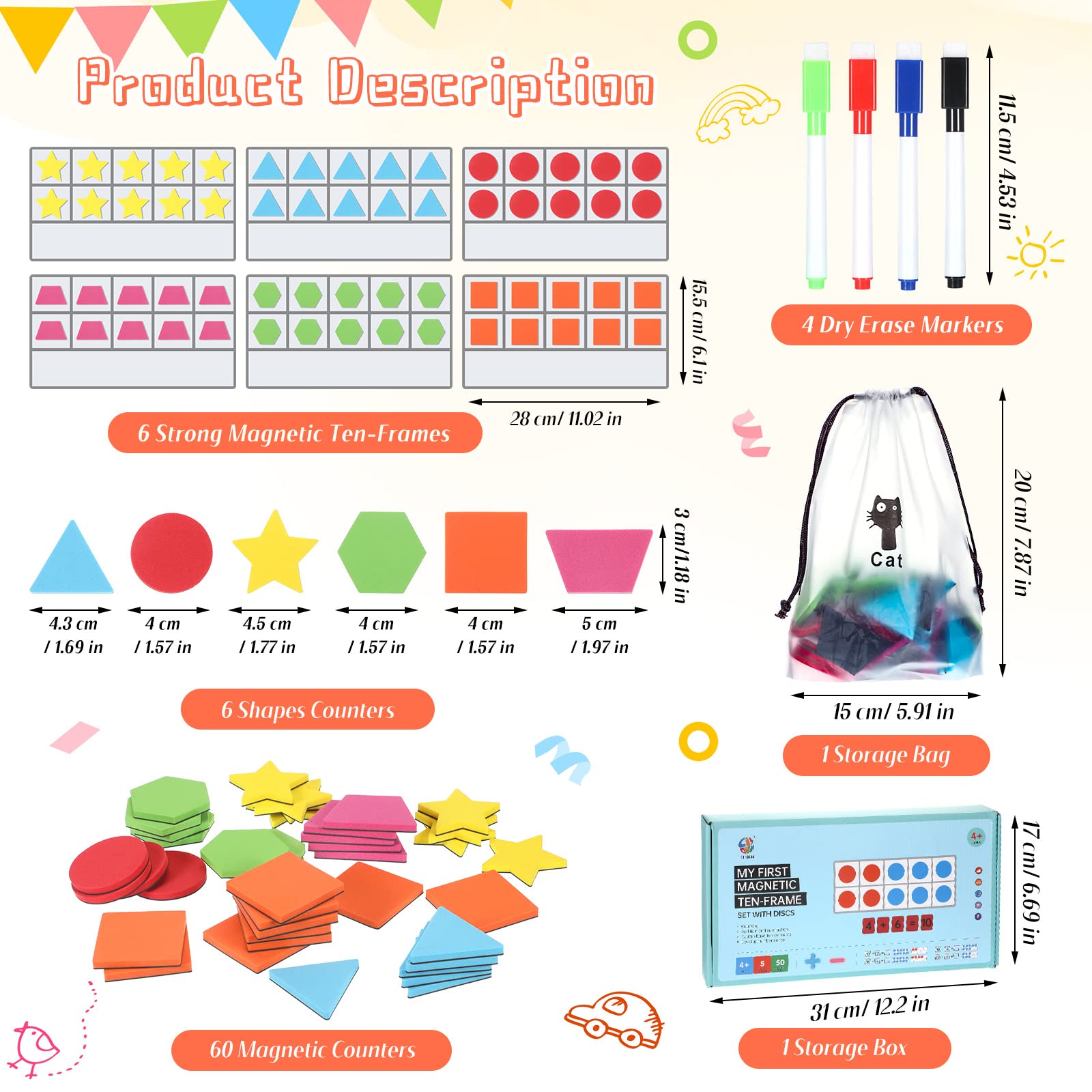 Harrycle 72 Pcs Magnetic Ten Frame Sets Math Manipulative for Kindergarten Math Games 6 Ten Frames 60 Magnetic Math Counters 4 Dry Erase Markers Toddler Learning Toys Game for Elementary Preschool