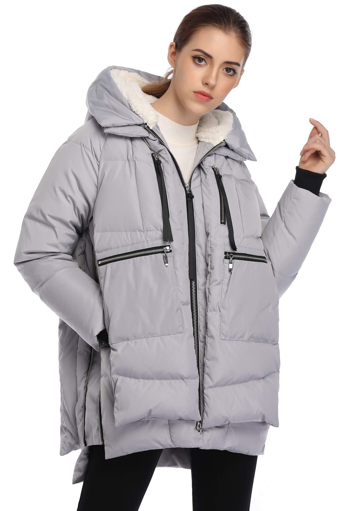 FADSHOW Women's Winter Thickened Down Jackets Long Down Coats Warm Parka with Hood,Grey,S