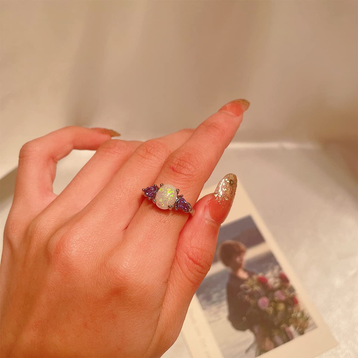 ERLOSYA Women's 925 Sterling Silver White Fire Opal Ring Oval Cut Purple Amethyst Cubic Zirconia Ring Jewelry Birthday Gift Gemstone Anniversary Size 6-9 (#7)