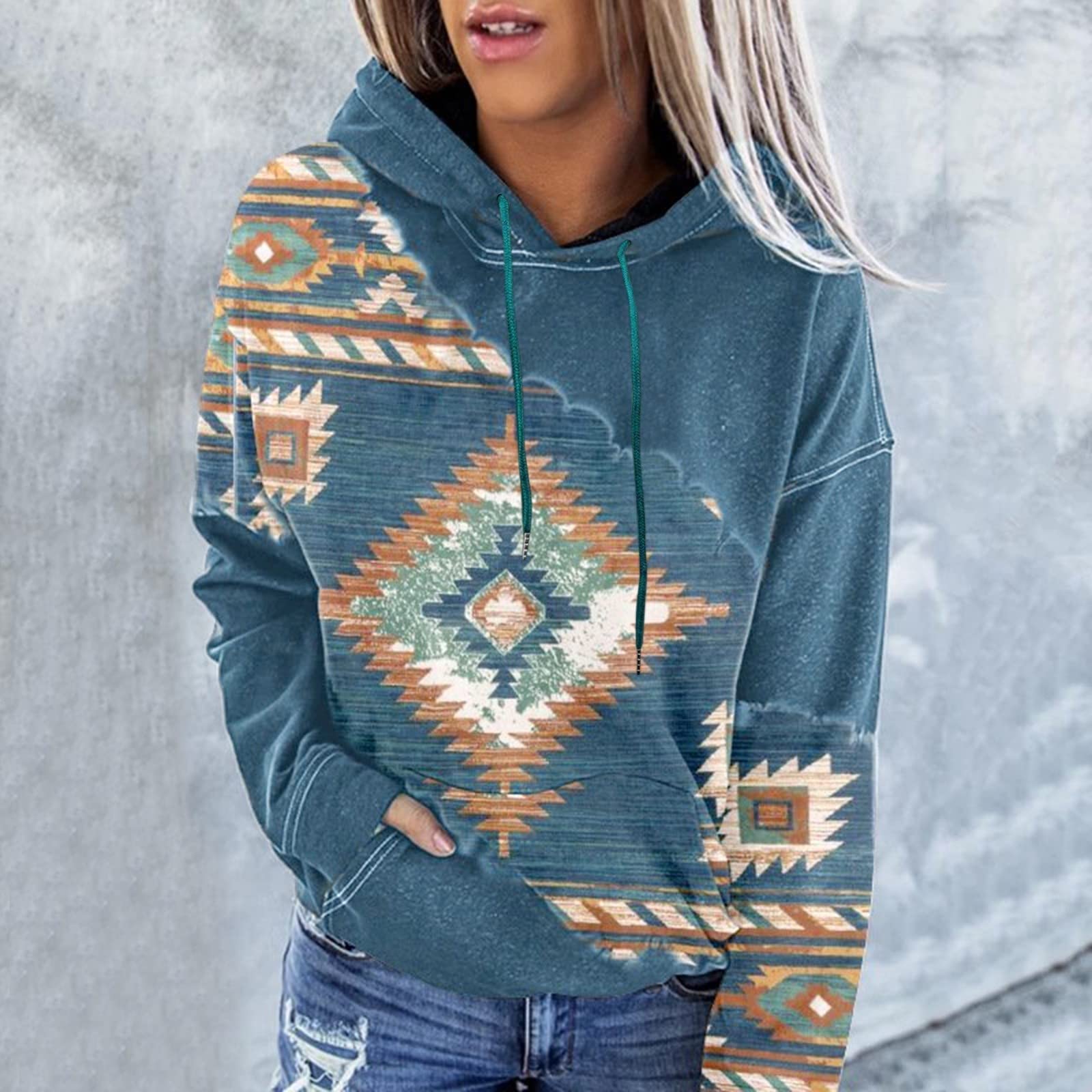 fartey Aztec Hoodie for Women Western Ethnic Style Printed Casual Drawstring Sweatshirts Geometric Loose Fit Pullover Tops, 02 Blue, XX-Large