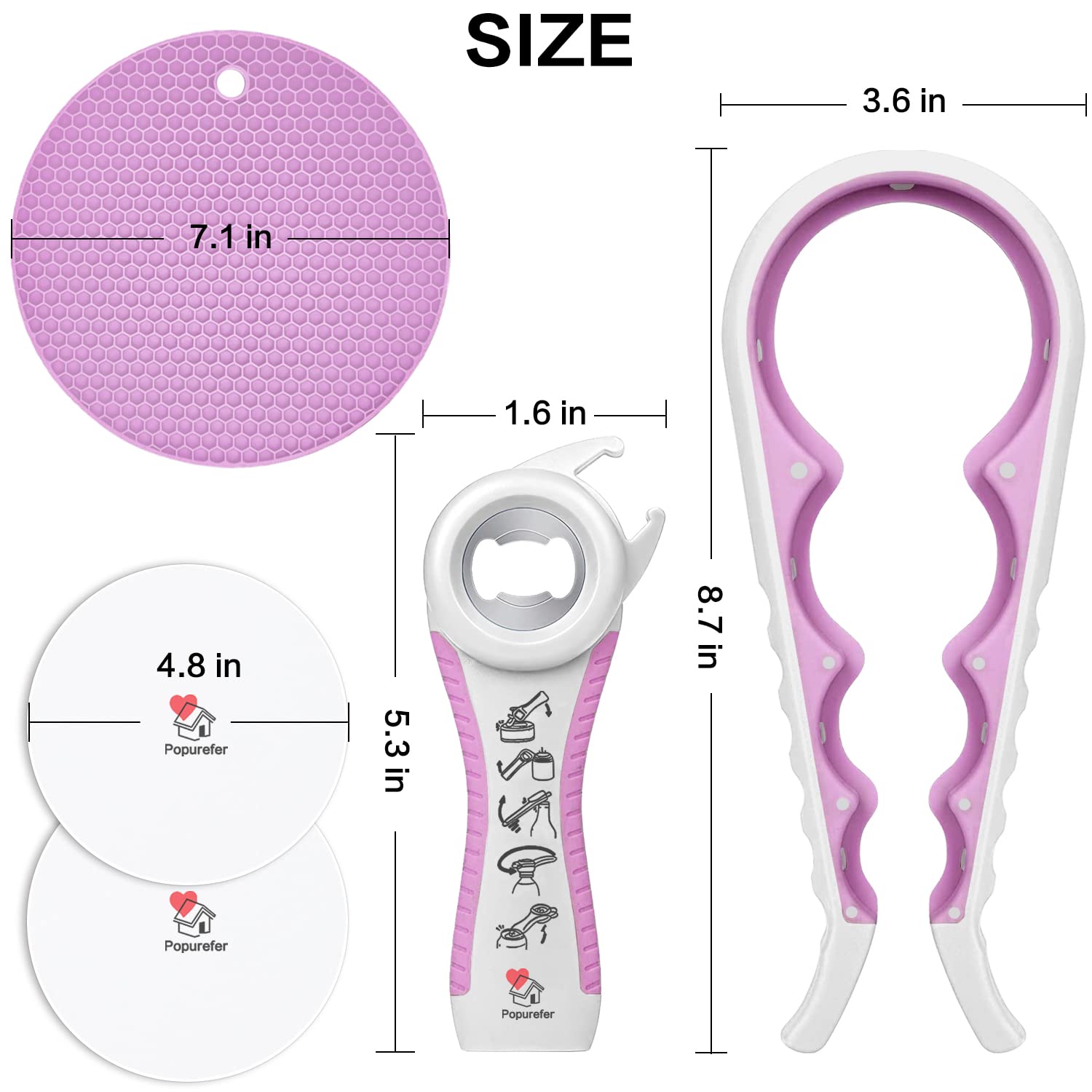 Jar Opener Set for Weak Hands - Jar Opener for Seniors with Arthritis, and 5 in 1 Bottle Opener, With 3 PCS Multi-Function Non Slip Rubber Jar Opener Gripper Pad Of Different Size in White and Purple