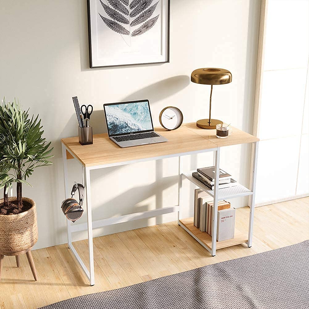 DOMY HOME Office Desk w/Storage Shelves, 43" Small Student Kids Writing Desk Headphone Hook Bedroom Dormitory PC Laptop Home Office Table Sturdy Metal Frame, Easy Assembly Oak