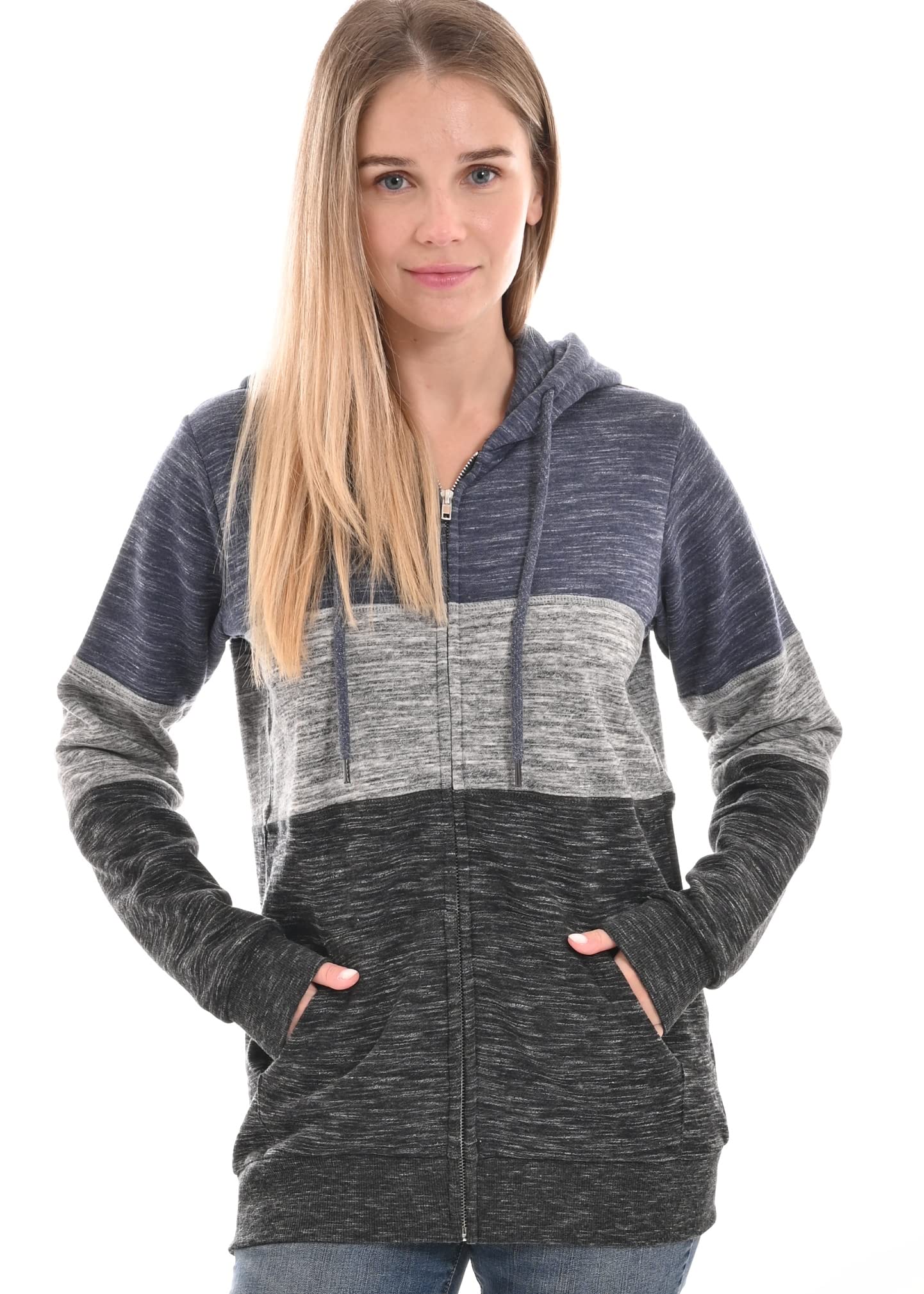 esstive Women's Ultra Soft Fleece Long Sleeve Active Cozy Lightweight Oversized Full-Zip Hooded Jacket, Marled Midnight Blue, Small