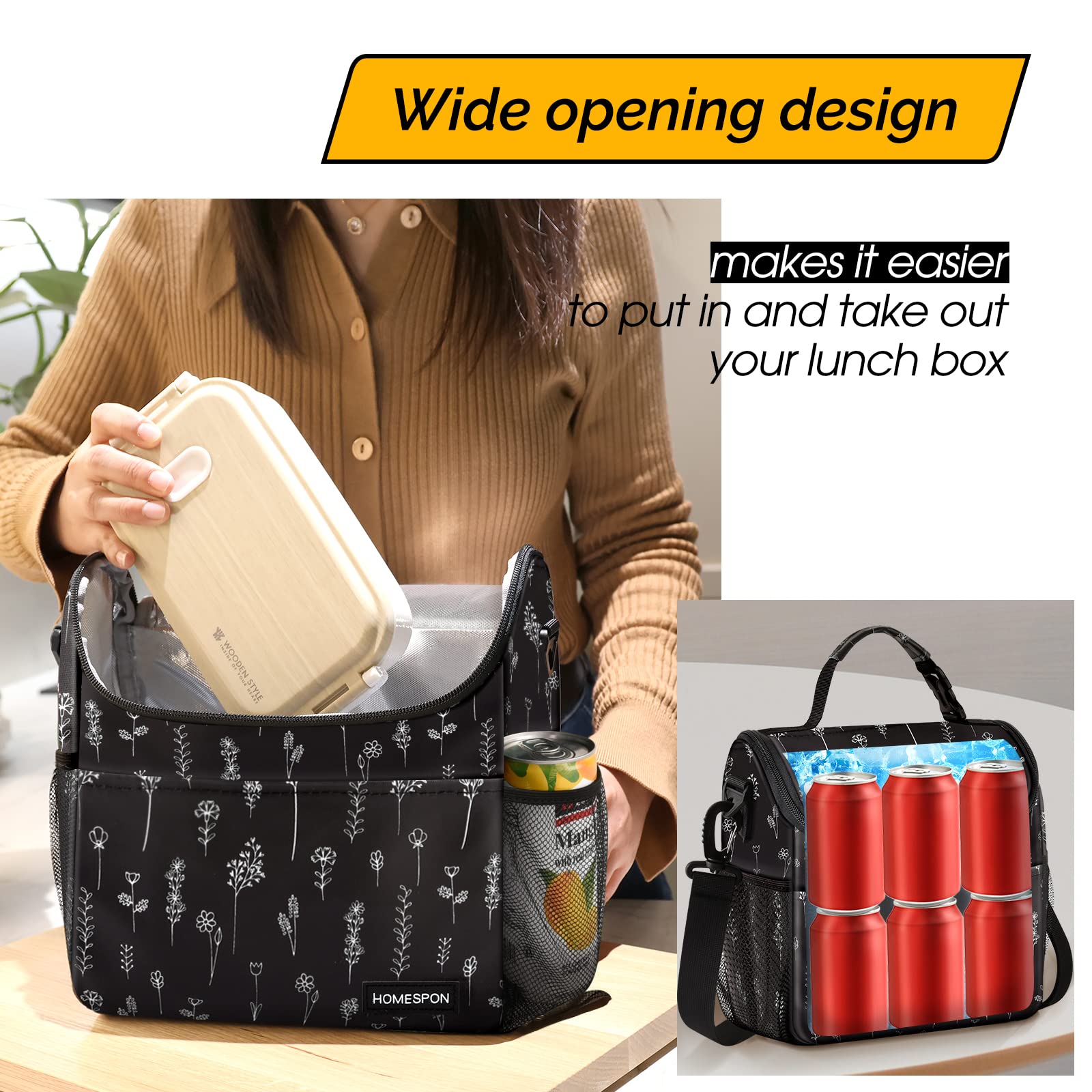 HOMESPON Lunch Bag for Women Large Insulated Lunch Box Reusable Cooler Tote with Front Pocket and Adjustable Shoulder Strap for Work Picnic or Travel