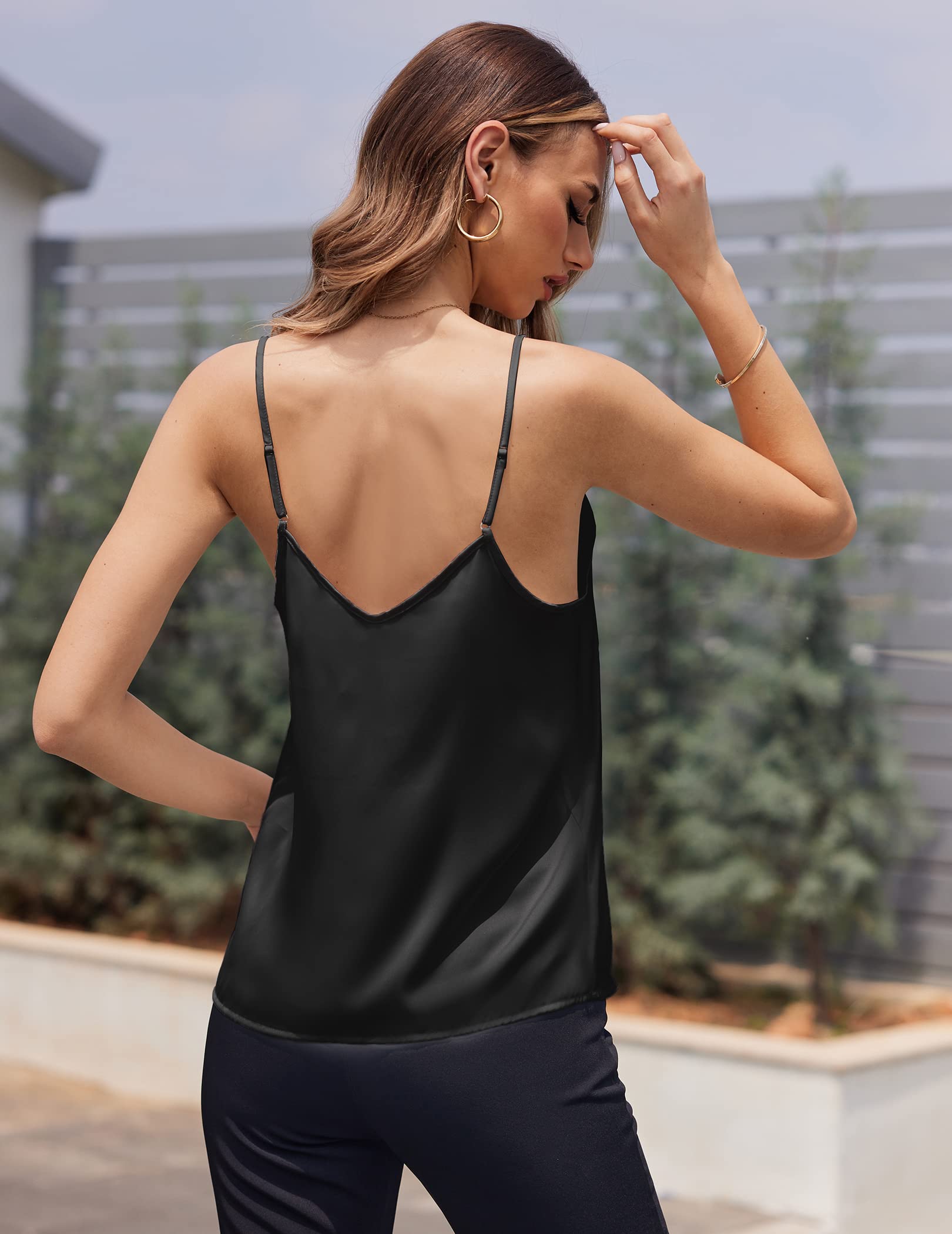 Ekouaer Women's Lace Silk Satin Pajama Tank Tops V Neck Camisole Soft Spaghetti Strap Tops Loose Sleepwear Black Large