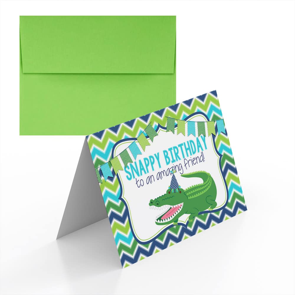 Snappy Birthday Alligator Themed Birthday Pun Themed Single (1) All Occasion Blank Birthday Card To Send To Friends & Family, 4"x 6" (when folded) Fill In Greeting Note Card by AmandaCreation