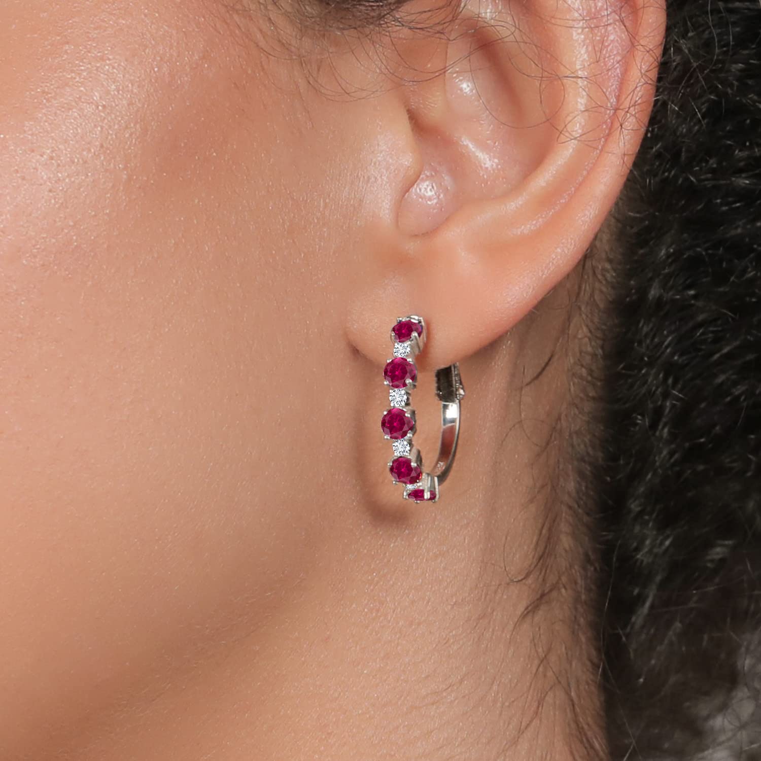 Gem Stone King 925 Sterling Silver Red Created Ruby and White Lab Grown Diamond Hoop Earrings For Women (2.80 Cttw, Round 4MM and 1.9MM, Gemstone Birthstone 1 Inch Diameter)