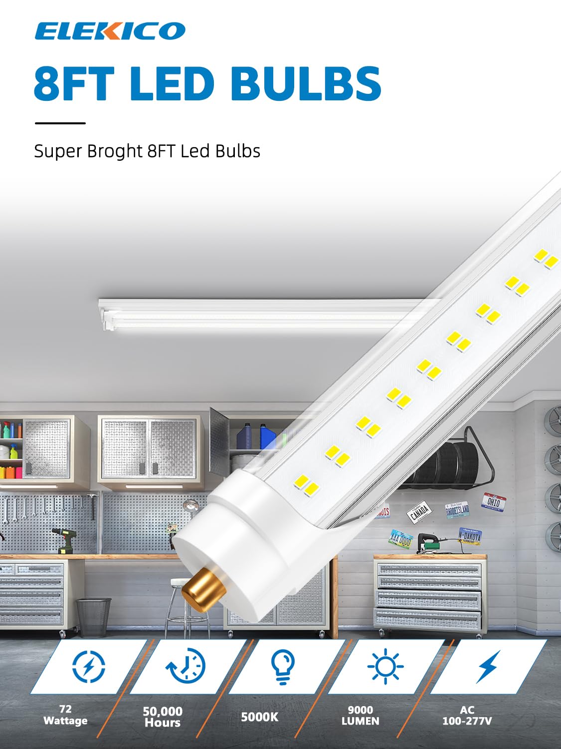 ELEKICO 8FT LED Bulbs, Super Bright 72W 9000lm 5000K, T8 T10 T12 LED Tube Lights, FA8 Single Pin T8 LED Lights, Clear Cover, 8 Foot LED Bulbs to Replace Fluorescent Light Bulbs (Pack of 6)