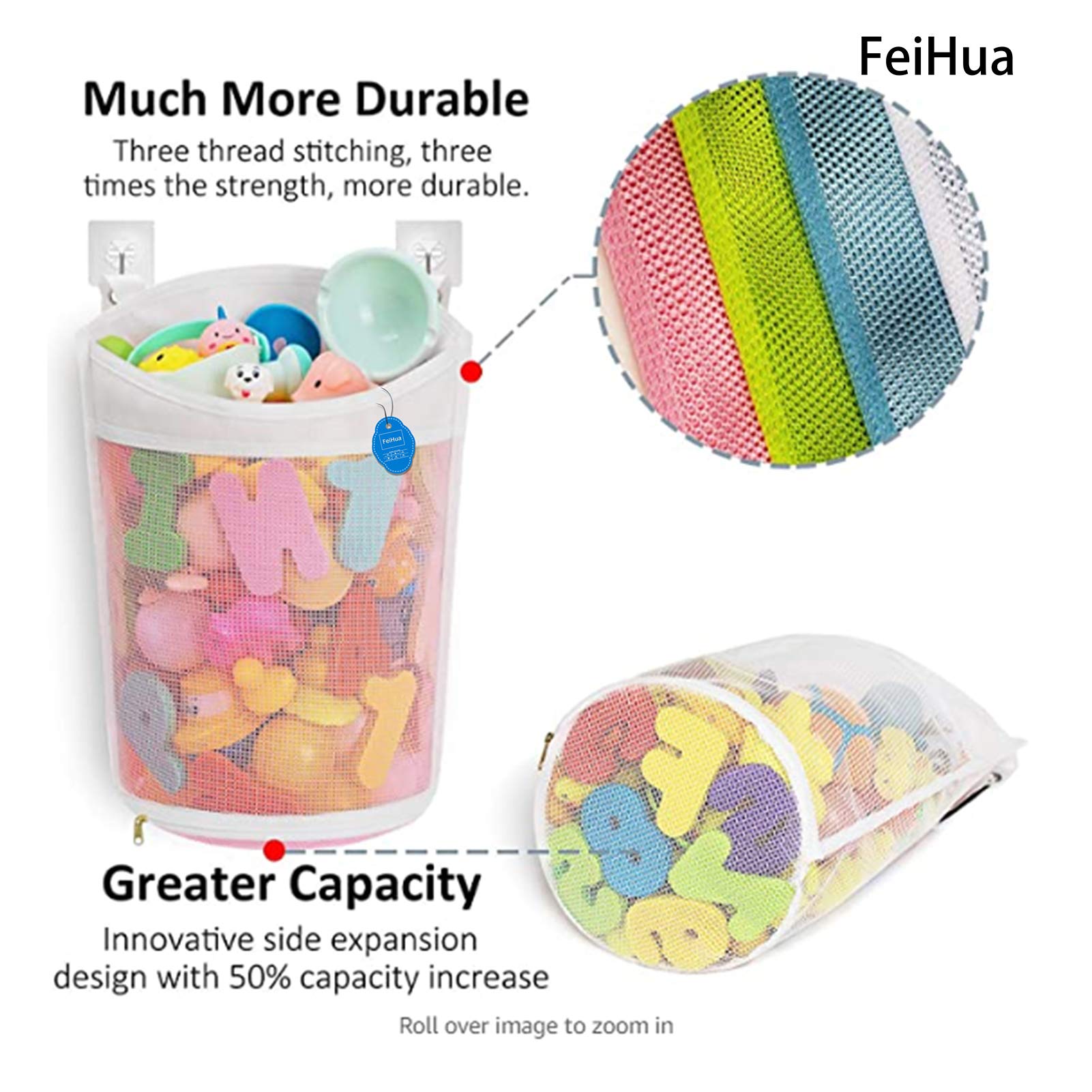 FHDS Clever Zippered Mesh Bath Toy Organizer, Multiple Ways to Hang, Ultra Large Capacity & Large Opening, Multi Use Bathtub Toy Storage Bag ( Large, Pink )