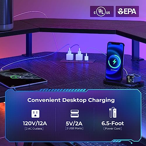 Rolanstar L Shaped Computer Desk with LED Lights and Power Outlets, 54" Gaming Desk with Keyboard Tray, Corner Desk with Monitor Stand, Home Office Desk with Hook, Black