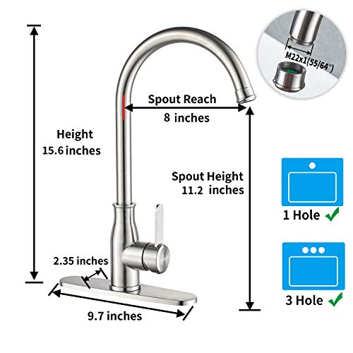 Kohonby Single Handle Kitchen Faucet Stainless Steel Brushed Nickel,Modern High Arc Kitchen Sink Faucet, Commercial Bar Sink Faucet One Hole with Deck