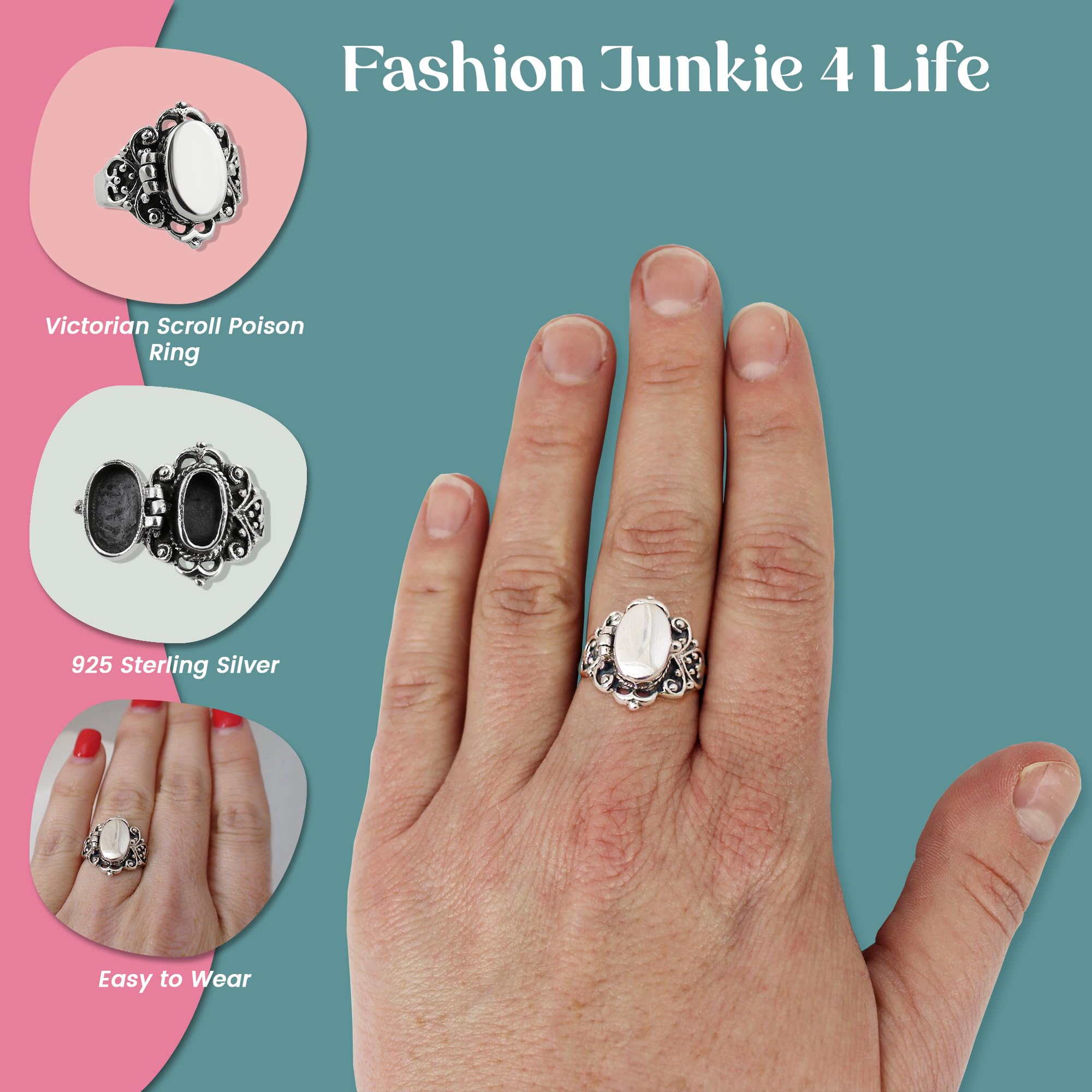 FashionJunkie4Life Victorian Scroll Poison Ring - 925 Sterling Silver, Sizes 6-10, Pillbox Ring (9)