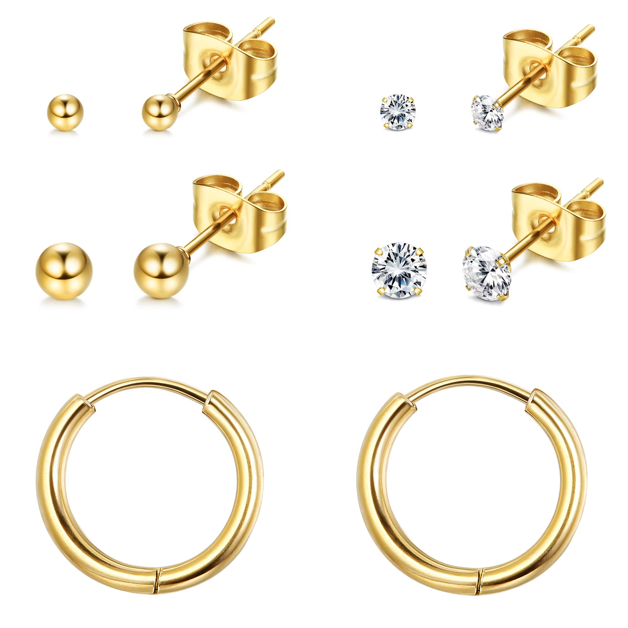 FASACCO G23 Titanium Earrings Set for Multiple Piercing Hypoallergenic Earrings 2MM 3MM CZ Ball Gold Stud Earrings Set