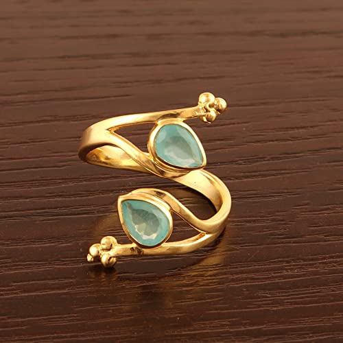 Guntaas Gems Beautiful Aqua Chalcedony Pear Shape Gold Plated Handmade Adjustable Ring For Gift Jewelry