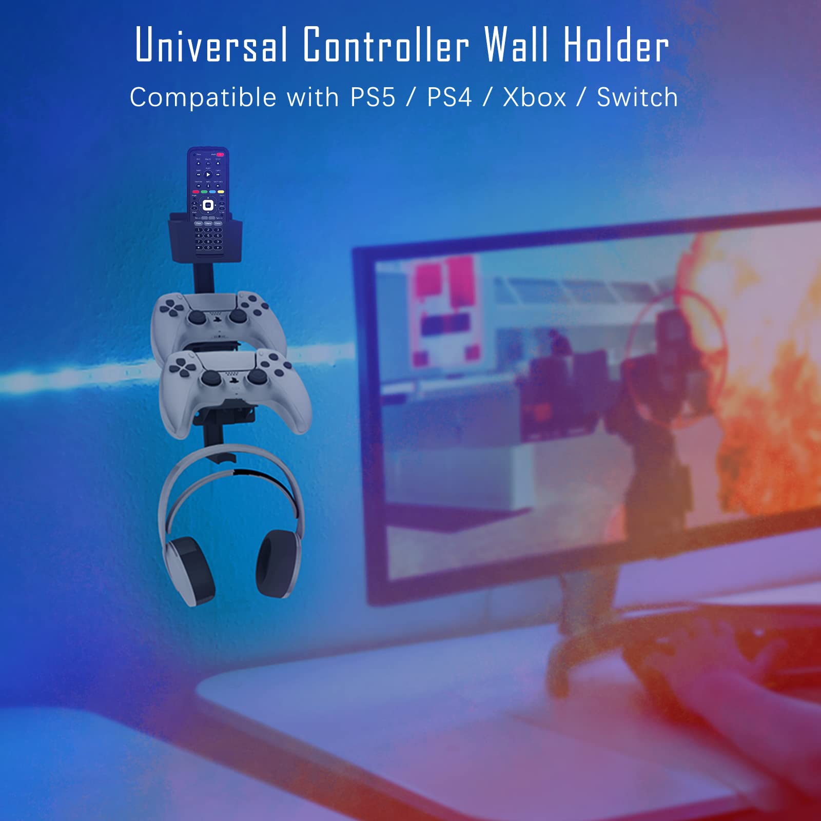 HANAMO Wall Mount for PS5, Mount on Wall Behind TV with Controller Holder Wall Stand Shelf for PlayStation 5 Disc & Digital Edition Wall Hanger for PS5 Accessories