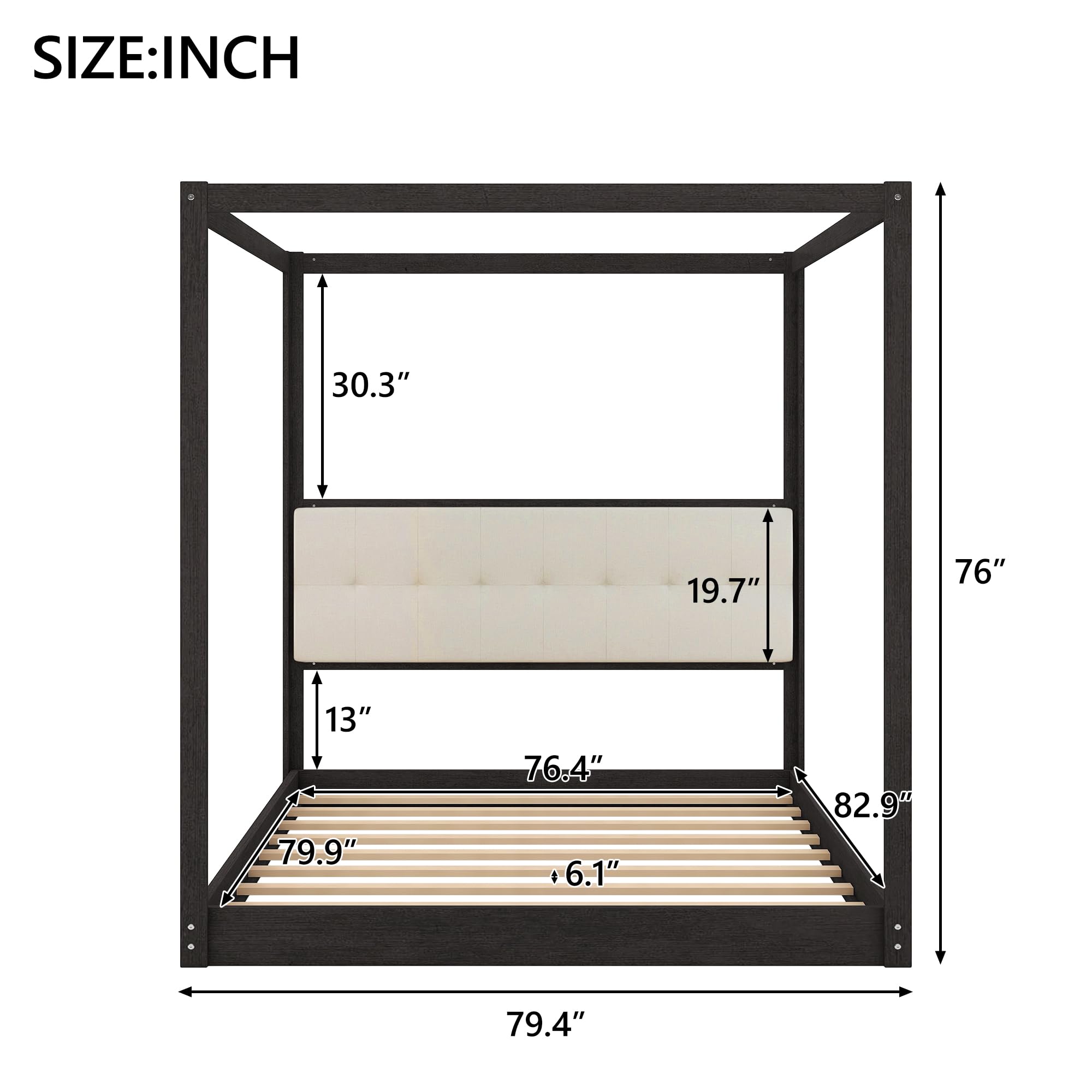 EMKK Canopy Bed Frames Platform Bed Frame Four-Poster Canopied Bed Mattress Foundation with Headboard,No Box Spring Needed Easy Assembly,King Size Wooden Canopy Platform Bed with Upholstered Headboard