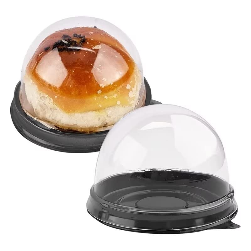 Typutomi 50 Pcs Plastic Mini Cupcake Box, Clear Round Mooncake Dessert Container Box Disposable Cake Cookies Muffins Box with Dome Lid for Wedding Birthday Holiday Parties Gift Box(Black)