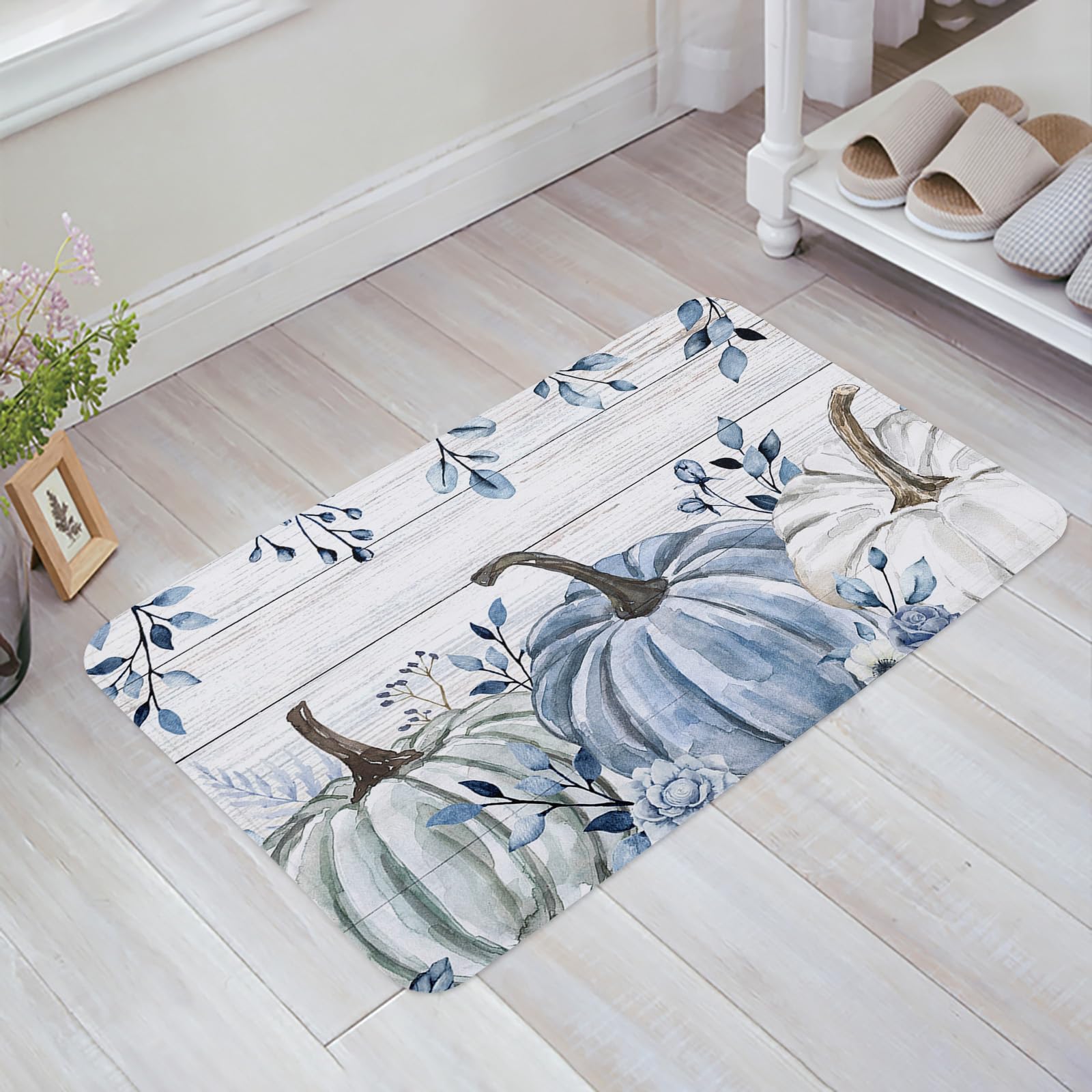 Fall Bathroom Rugs Blue Pumpkin Fall Bath Mat Sponge Doormat, White Blue Pumpkins Wooden Absorbent Bath Mat Non Slip Washable Durable Foam Mats Carpet for Bathroom Kitchen,18 x 30 Inch