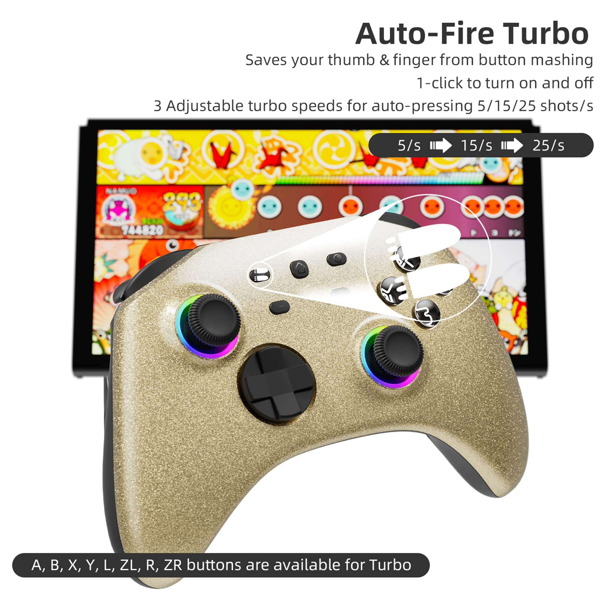 Gold Wireless Switch Controller for Switch/OLED/Lite Steam Deck, Pro Controller with Turbo, Motion, Vibration, Wake-Up, Headphone Jack and Dynamic Joystick RGB Lighting, Gaming Genshin Impact