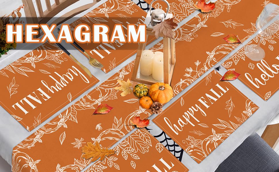 Fall Table Runner and Placemats Set of 6, Fall Table Decor, Fall Line Pumpkin Leaves Orange Kitchen Dining Autumn Table Decorations, Harvest Thanksgiving Farmhouse Hallo Fall Table Runner Mats Set