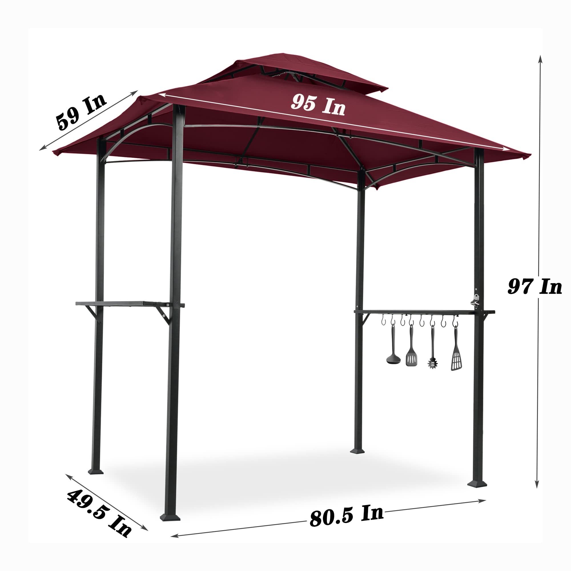 Gazebo with Double Tier Soft Top and Bar Counters, 8 x 5 FT Steel Frame Canopy Tent for BBQ Camping Party, Outdoor Grill Gazebo for Patio Backyard Deck Lawn Garden
