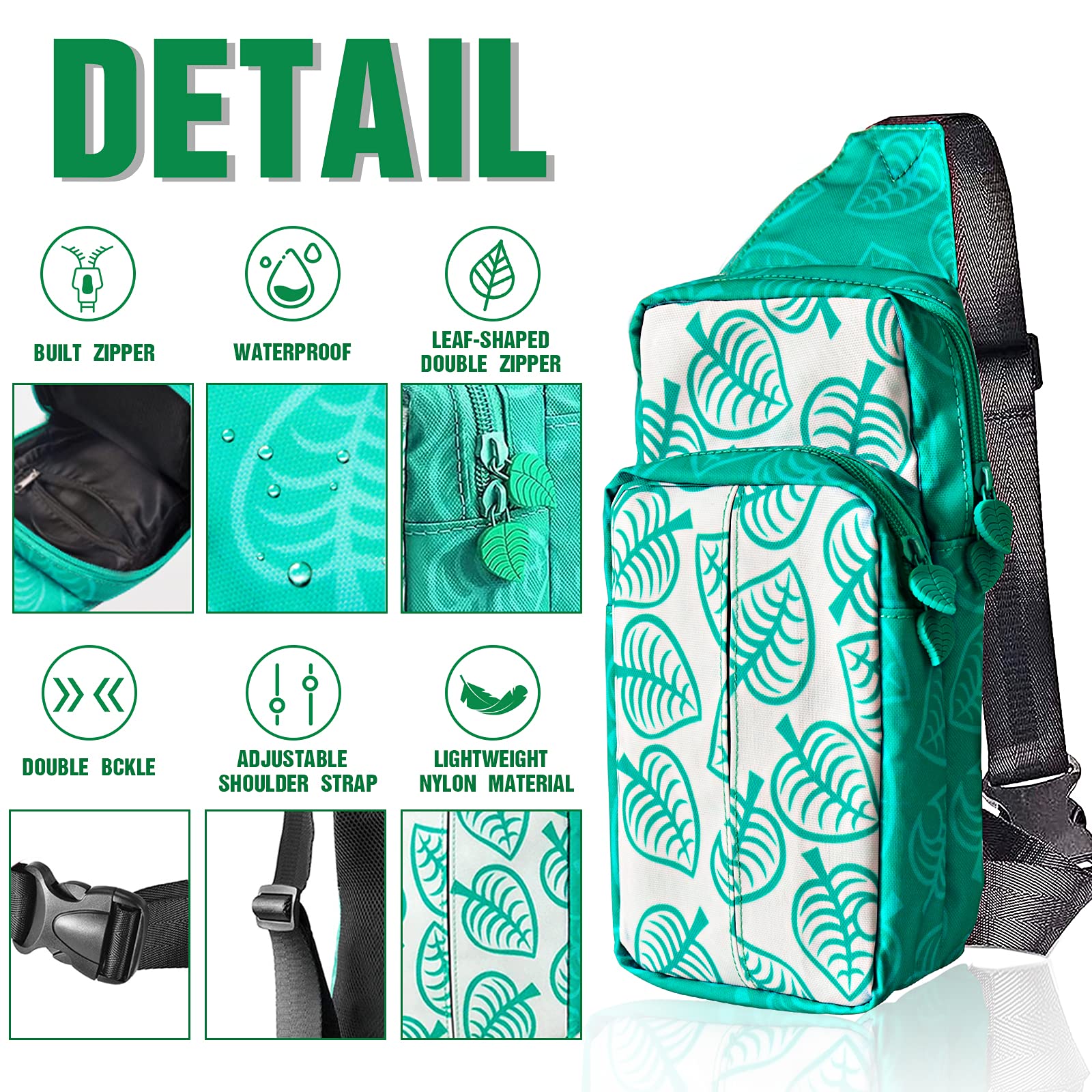 GOLDCHAMP Travel Carrying Bag for Nintendo Switch/OLED Console, Joy-Con Grip & Dock,Leaf Crossing Design Shoulder Bag Storage Case Nylon Water Resistant Portable Crossbody Bag