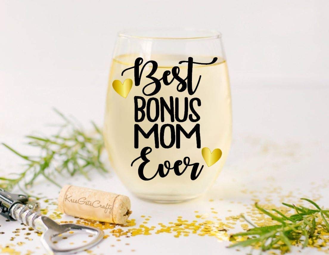 Gift for Step Mom - Best Bonus Mom Ever - Stepmom Birthday Present - Premium 21oz Stemless Wine Tumbler Cup Drinking Glass