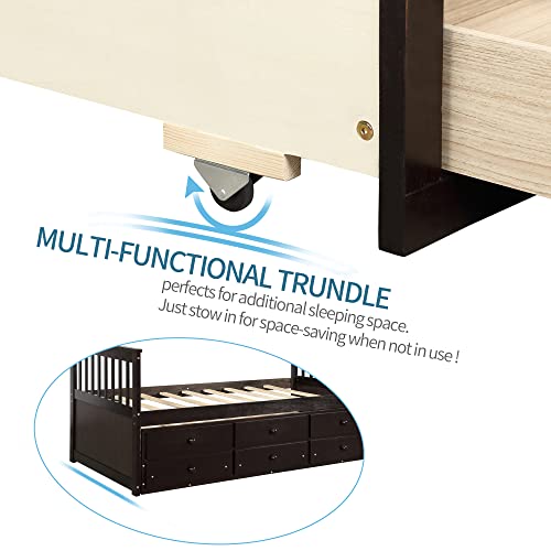UBGO 3-in-1 Twin Sofa Bed, Wooden Furniture Set with Rollers and 3 Storage Drawers, Captain Sofa Bed Frame for Boys Girls Small Space Bedrooms, Espresso