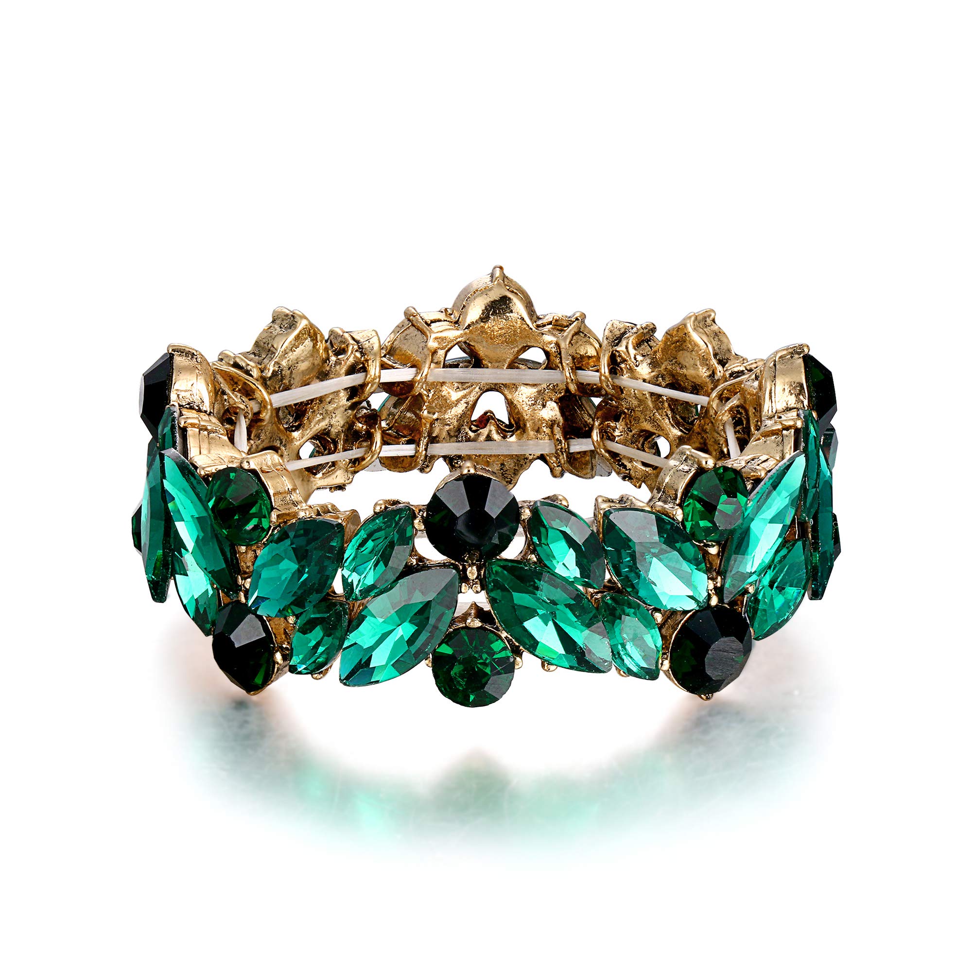 EleQueen Women's Austrian Crystal Teardrop Elastic Tennis Bracelets 2 Layer Marquise Cut Bridal Stretch Bracelet Emerald Gold-Tone