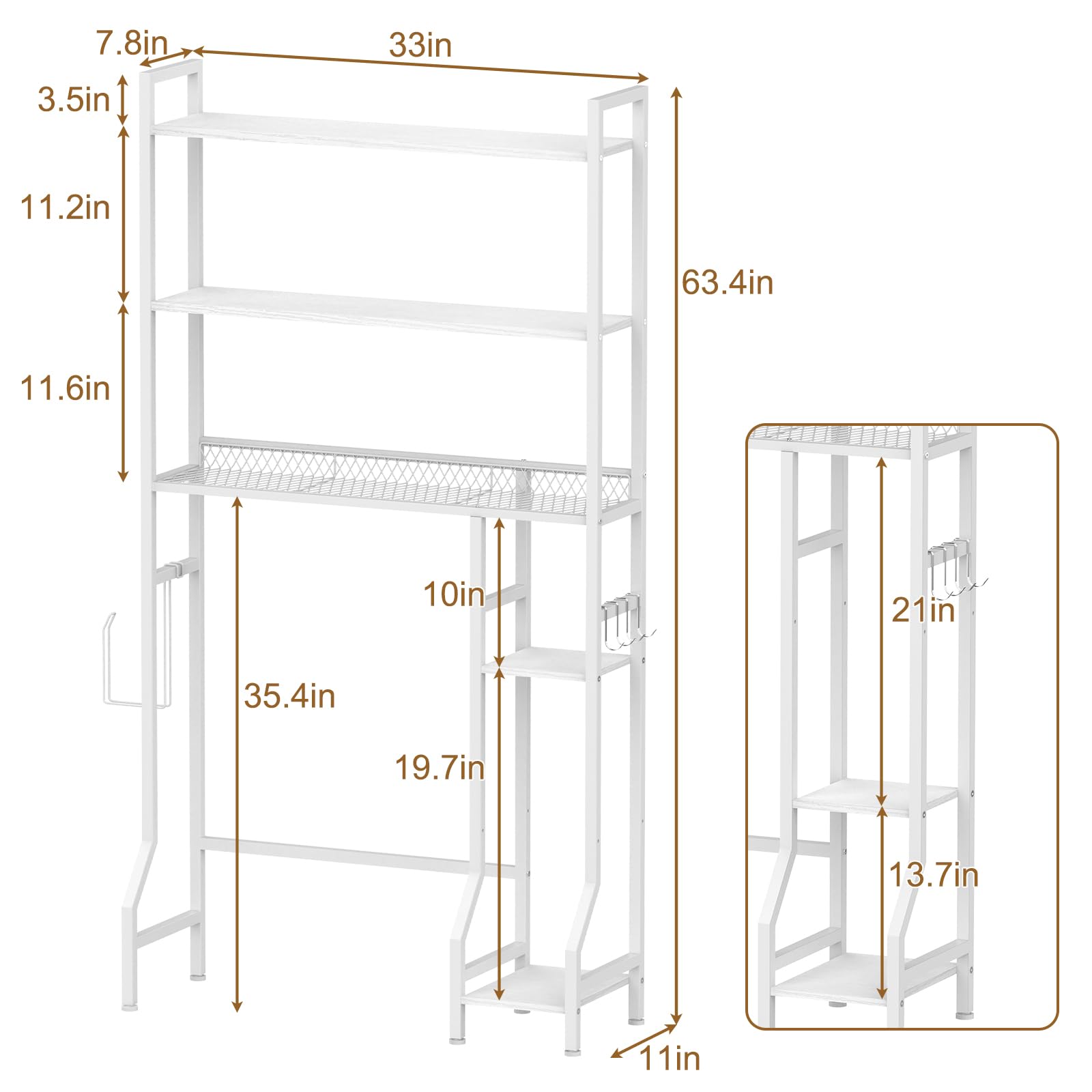 NOVIMANGO Over The Toilet Organizer White, Bathroom Space Saver Over Toilet, 5-Tier Bathroom Over Toilet Storage, Above Toilet Stand with 4 Hooks for Restroom, Laundry