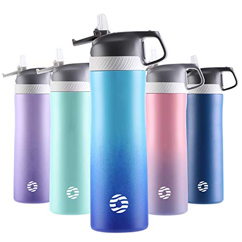 FJ bottle Sports Water Bottles with Straw, 20 oz Double Wall Vacuum Insulated Stainless Steel Bottle Keeps Hot and Cold, With Cleaning Brush, Good for Camping, Travel, Hiking, Ocean Blue