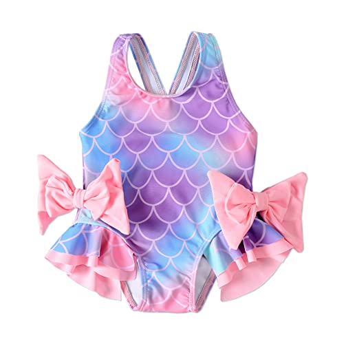PATPAT Baby Girl Sleeveless Ruffle Swimwear Infant Girl Bow Mermaid Backless One-Piece Swimsuit Colorful 18-24 Months