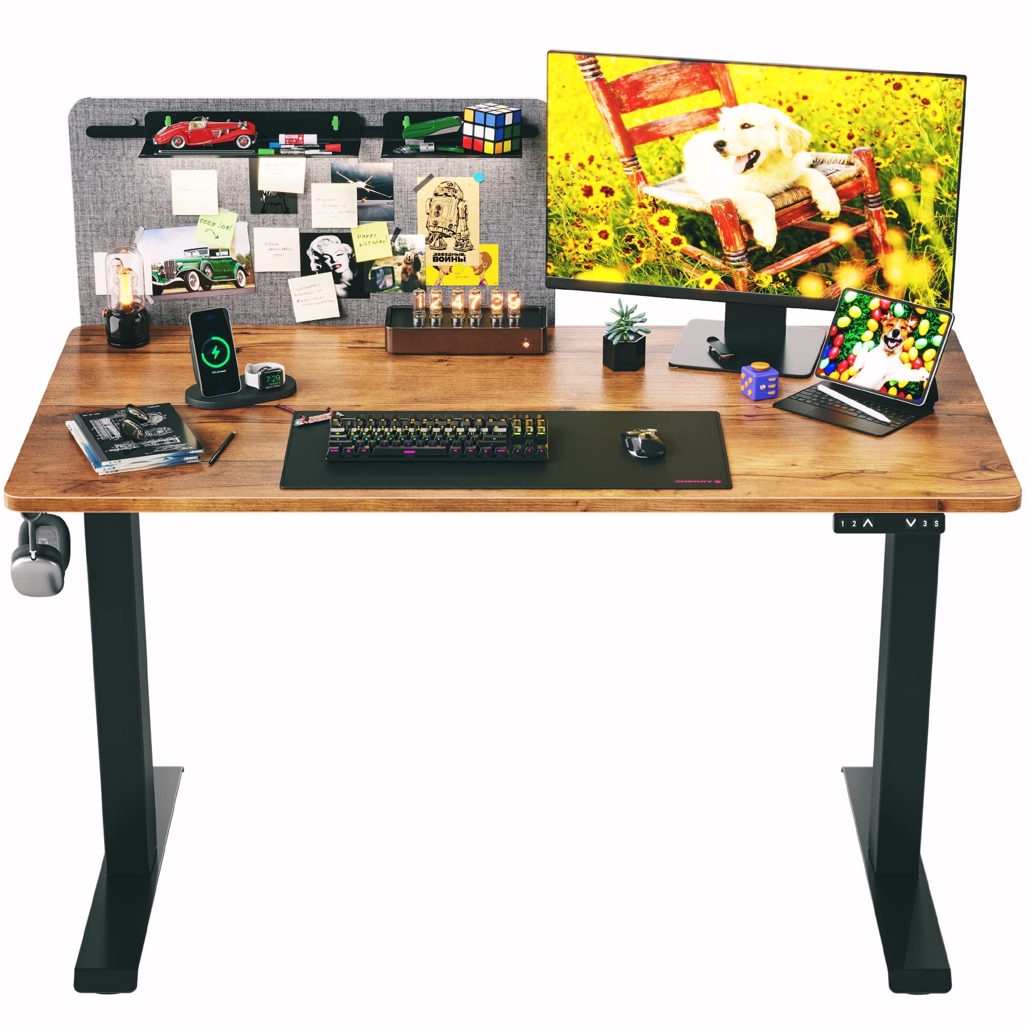 FAMISKY Height Adjustable Standing Desk, 55x 24 Inch Electric Stand up Home Office Table, Sit Stand Desk Computer Workstation with Splice Board, Black Frame & Rustic Brown Desktop