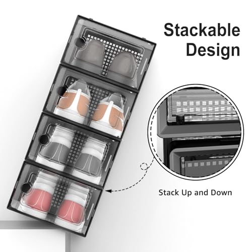 Potahouse Shoe Storage Organizer, 12 Pack X-Large Clear Plastic Stackable Shoe Boxes with Lids, Fit Size 11-12, Sneaker Containers Bins Space Saving for Entryway Closet Floor, Black