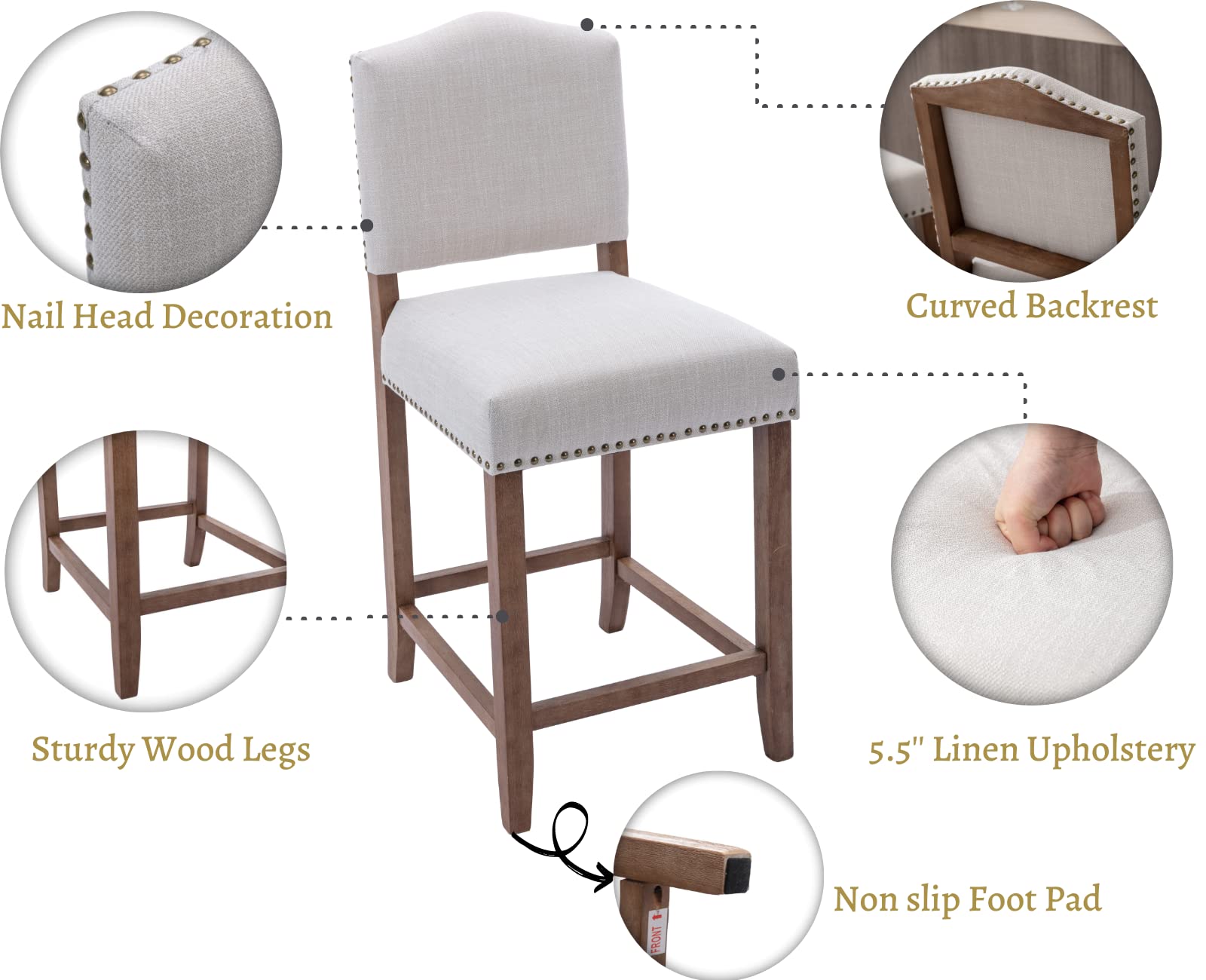 EALSON Farmhouse Bar Stools Set of 2 Bar Height Kitchen Barstools with Back Mid Century Modern Wooden Bar Chairs Linen Upholstered High Counter Stools for Home Bar/Island/Pub, 30 Inch Beige