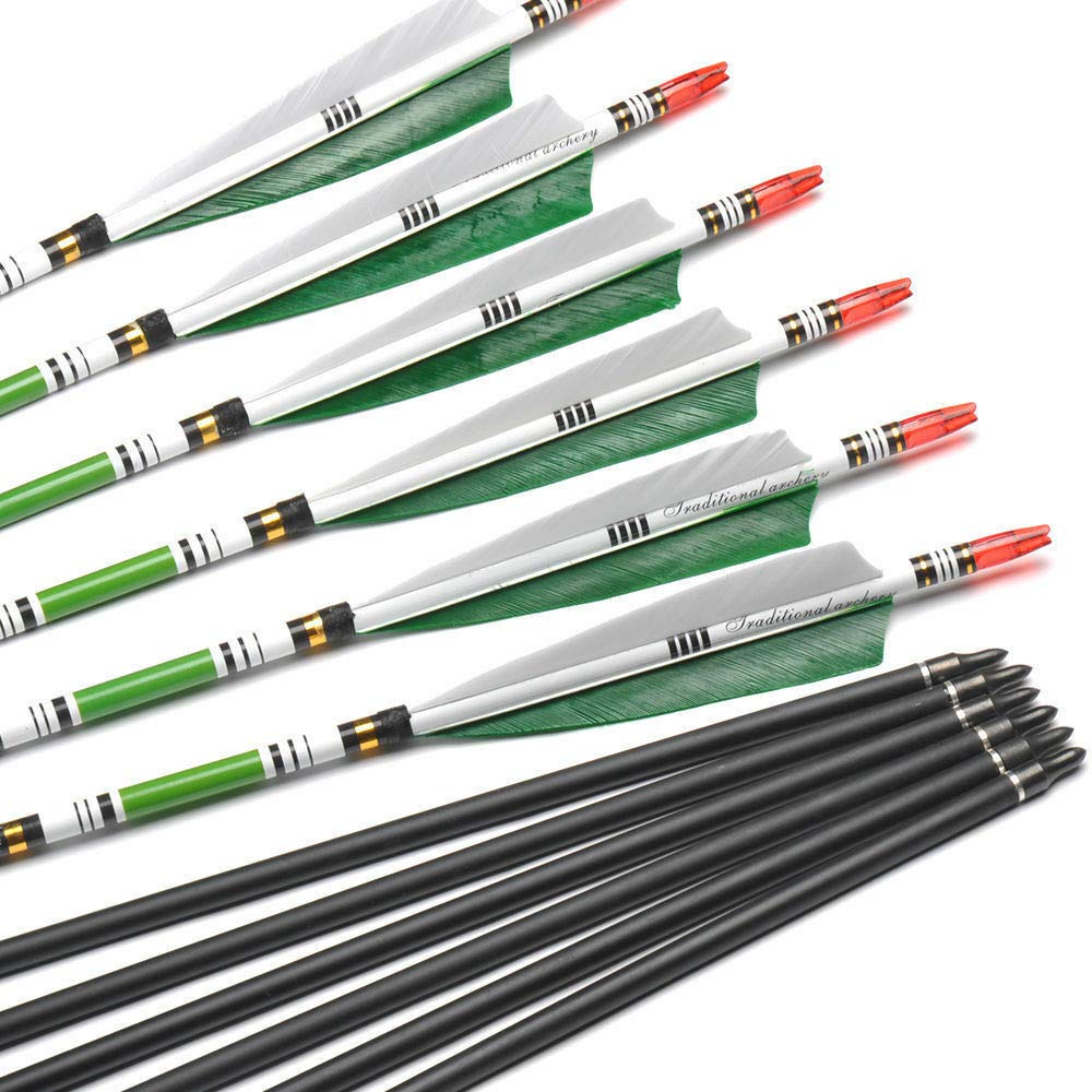 EROCK 12Pcs Carbon Archery Arrows 31inch with Green Turkey Real Feather Fletching Arrow for Recurve Compound Bows Hunting Target Practice, Spine 500, 7.6mm, Replaceable Arrowhead