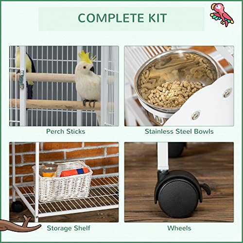 PawHut 55" Large Parrot Cage with Toy Hooks Above Top Bird Perch, Tray, Food Cups, Rolling Stand, Bird Cage for Cockatiels, Parakeets, Lovebirds