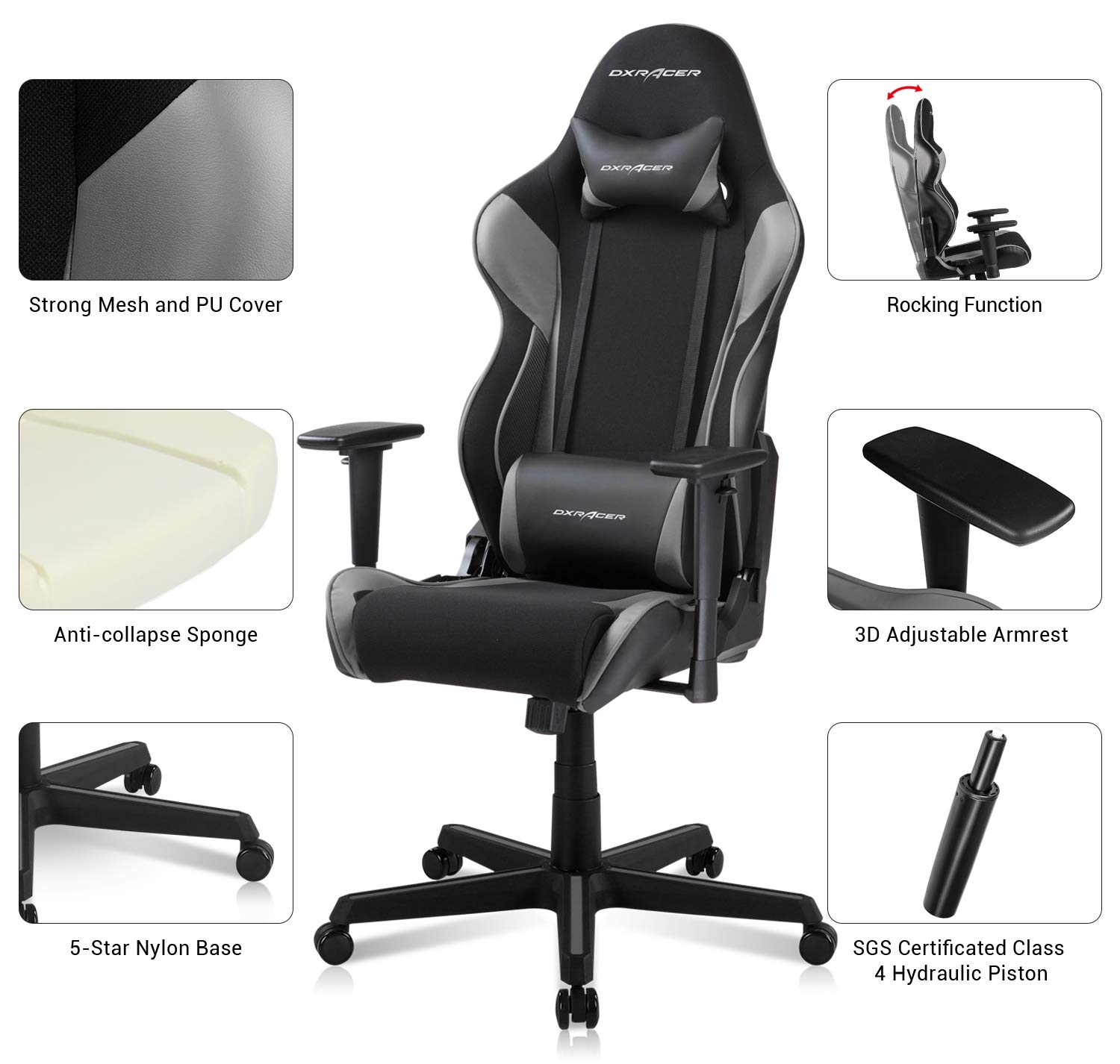 DXRacer Master Suede Racing Series Adjustable Ergonomic Computer Gaming Home Office Leather Desk Chair with Lumbar Support, Swivel Base, Wheels, and Headrest, Extra Large, Black and Grey