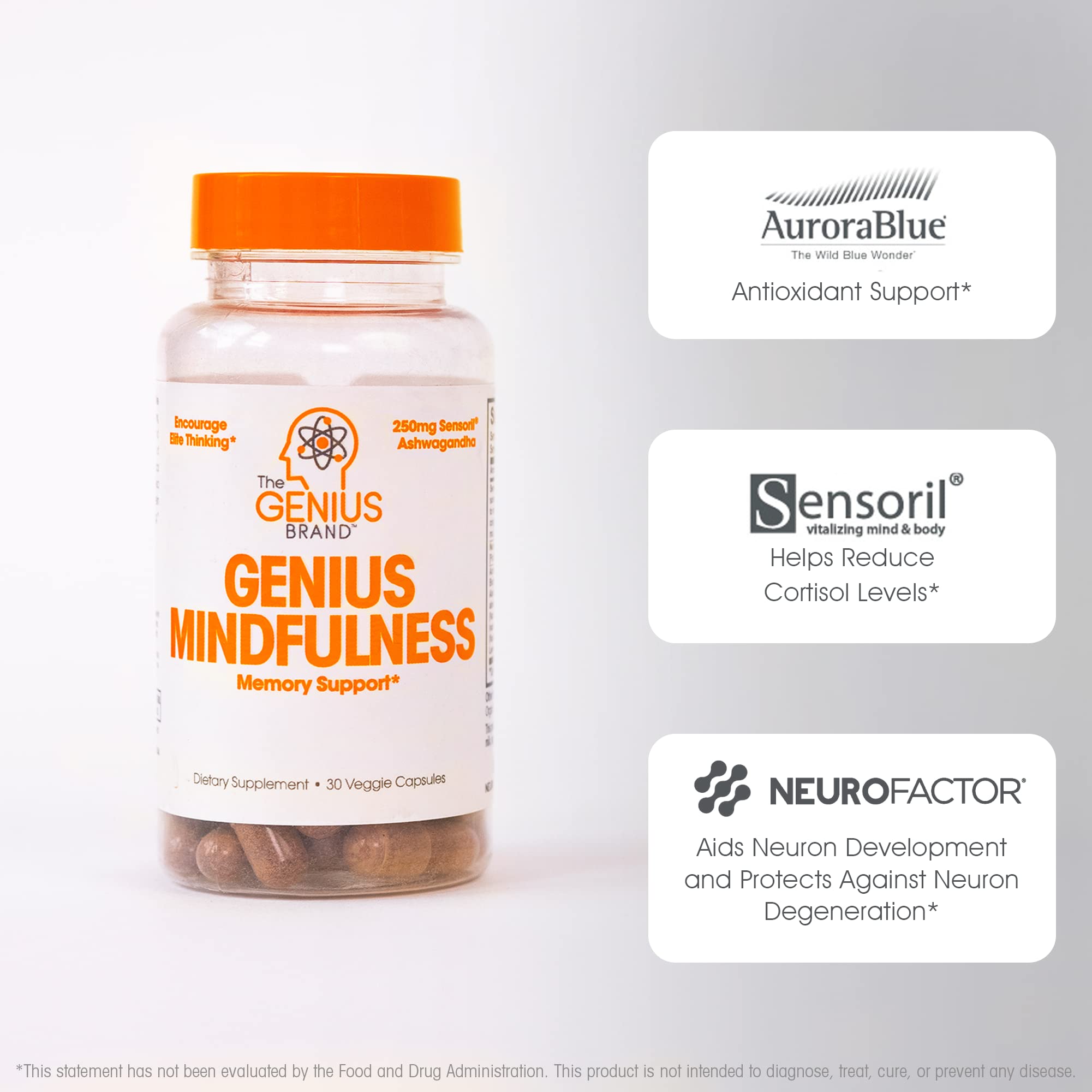 Genius Mindfulness Supplement, Nootropic Cognitive Brain Booster Enhances Memory, Focus & Energy - Natural Calming Supplement with Ashwagandha, NeuroFactor, & Blueberry Extract - 30 Veggie Capsules