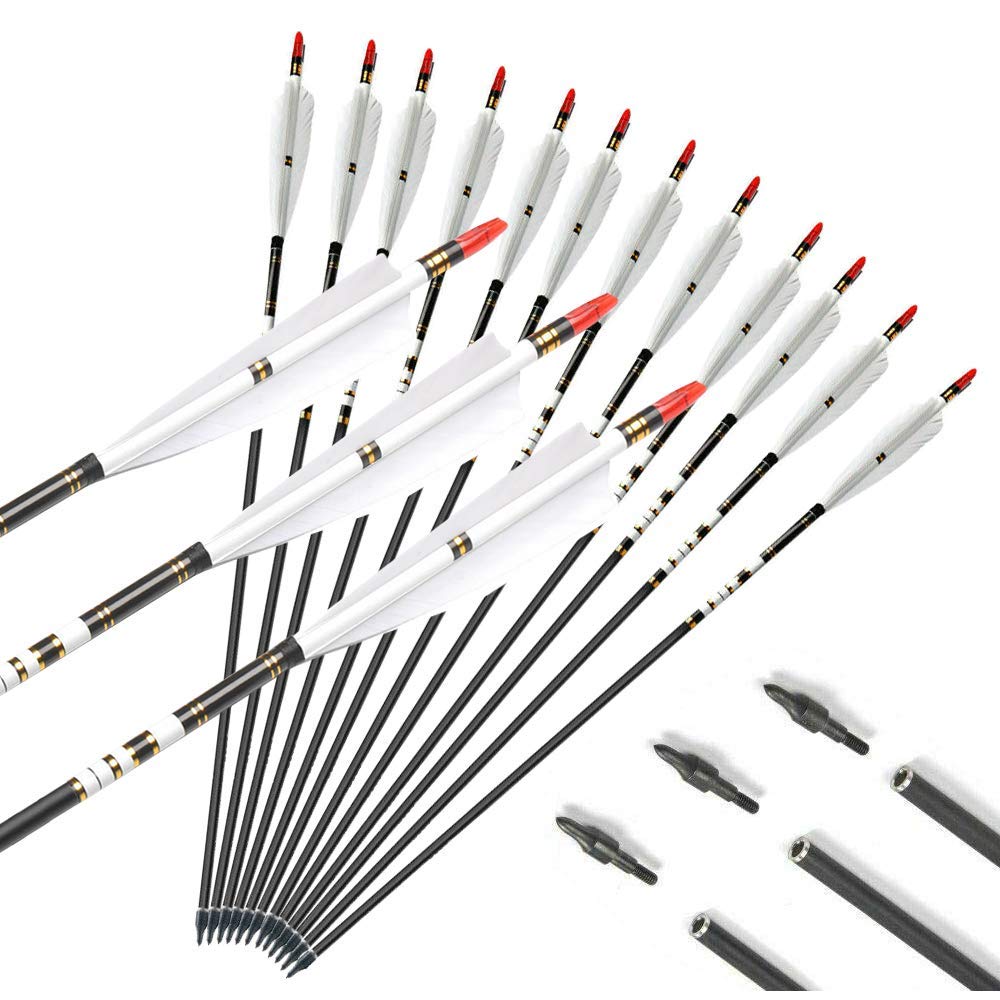 EROCK Archery Arrows 30inch Pure Carbon Arrows 500 Spine Turkey Feather Fletching Screw-in Field Points Targeting Arrows for Recurve Bow Compound Bow 12 Pack