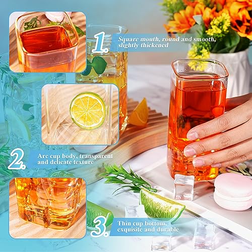 Roshtia 12 Pcs Square Glass Cups with Straws Highball Drinking Glasses Clear Rocks Glasses for Tea Wine Beer Cocktails Juice Coffee Mixed Drinks Party Glassware Set, 8.5oz and 13.5oz (Minimalist)