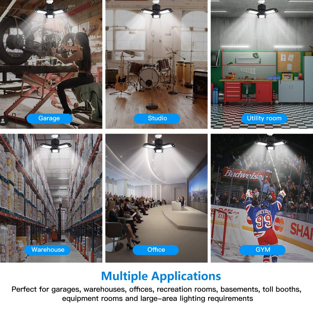 Garage Lights, LED Garage Lighting with 3 Adjustable Panels, Garage Ceiling Lights Super Bright with 6000K Nature Light, E26/E27 Garage Light for Garage, warehouse, Basements, Gym and Supermarket