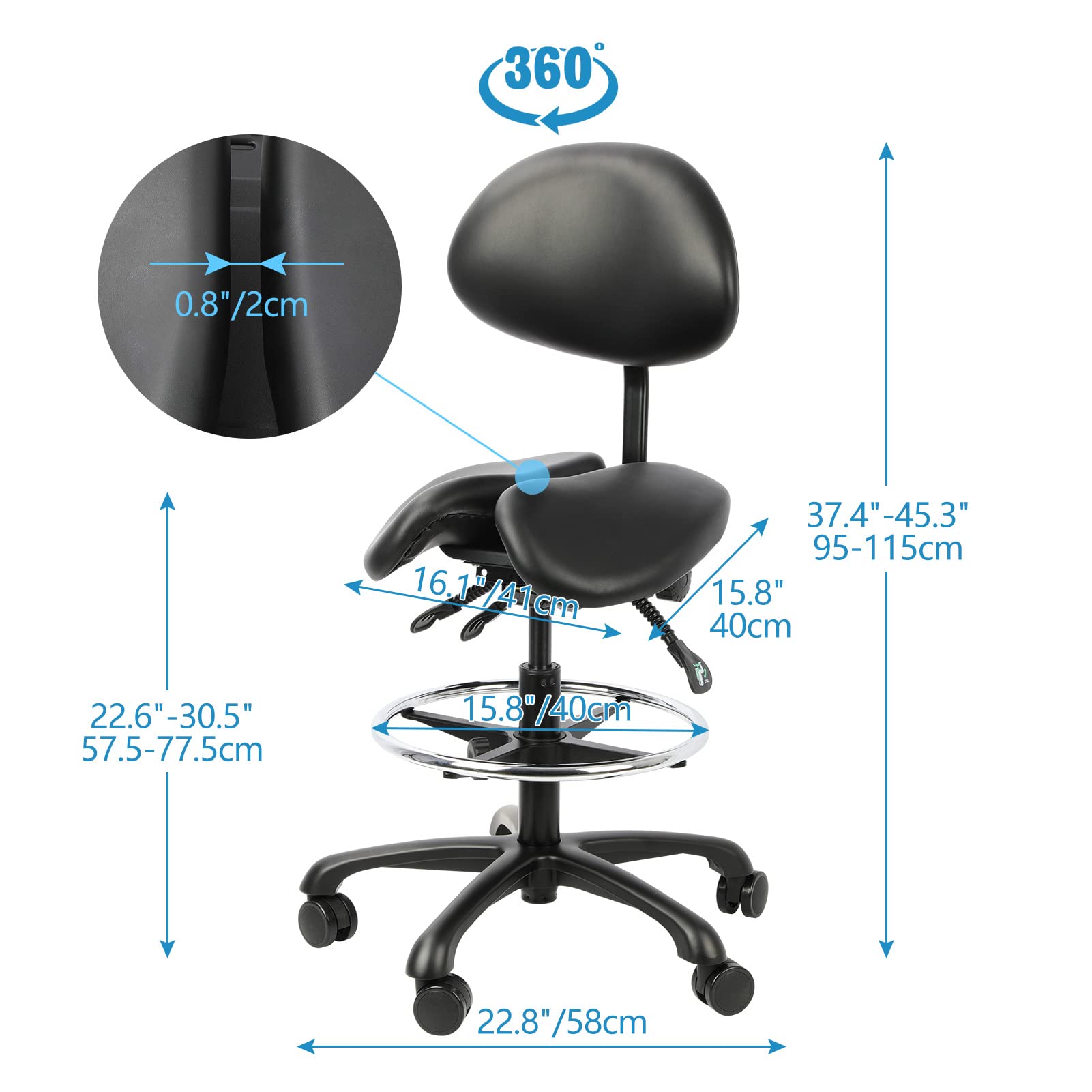 GELTTULU Adjustable Dental Assistant Chair Stool 37.4”-45.3‘’ Height with Adjustable Footring and Heavy Base for Dental Labs Exam Rooms