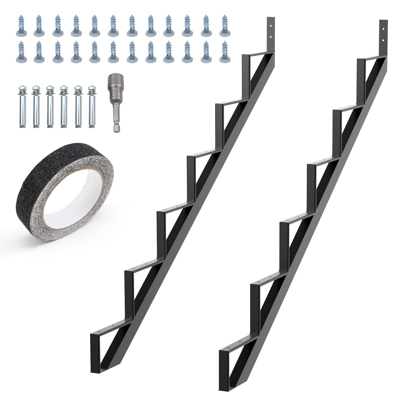 Doniks Steel Stair Step Riser -6 Step for Deck Height 49.4 Inches Metal Stair Stringer Step Stringer Support Connector Frame Hanger Bracket