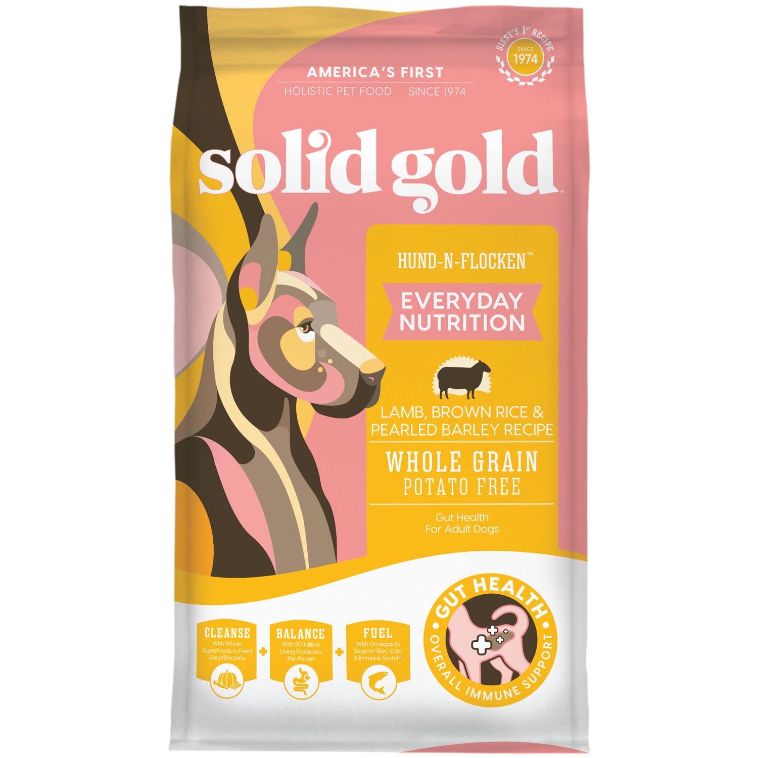 Solid Gold Hund N Flocken - Dry Dog Food w/Lamb, Rice & Pearled Barley - Digestive Probiotics for Dogs - Gut Health & Immune Support - Omega 3, Superfoods & Antioxidants - 4 LB